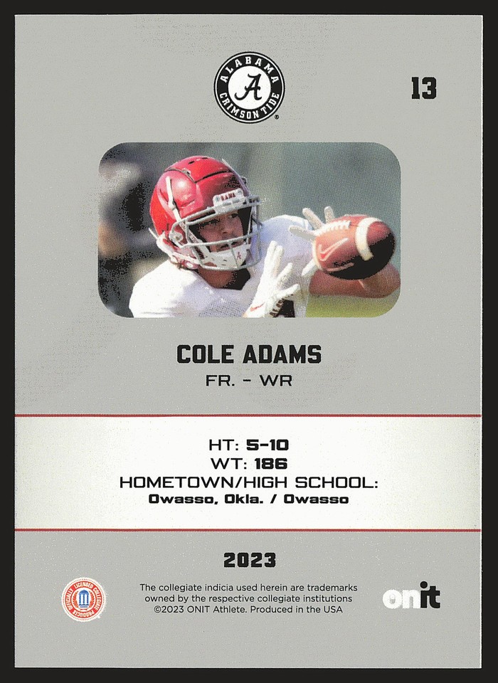 2023 ONIT Athlete Alabama Crimson Tide #13 Cole Adams | eBay