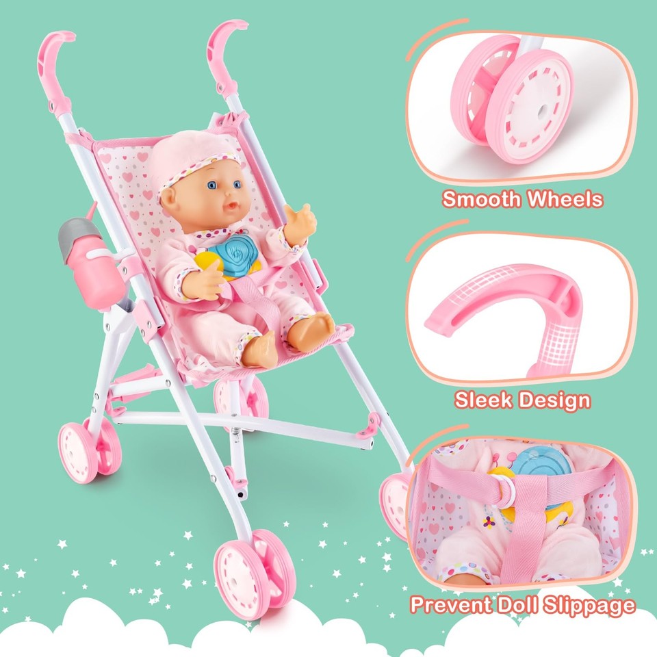 Baby Doll Stroller Set with 13 inch Doll,Kids Play Stroller Toys,13 ...