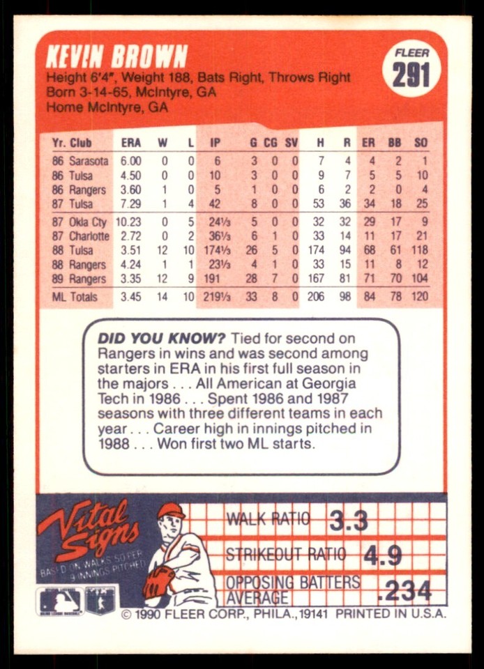 1990 Fleer Kevin Brown Baseball Cards #291 | eBay
