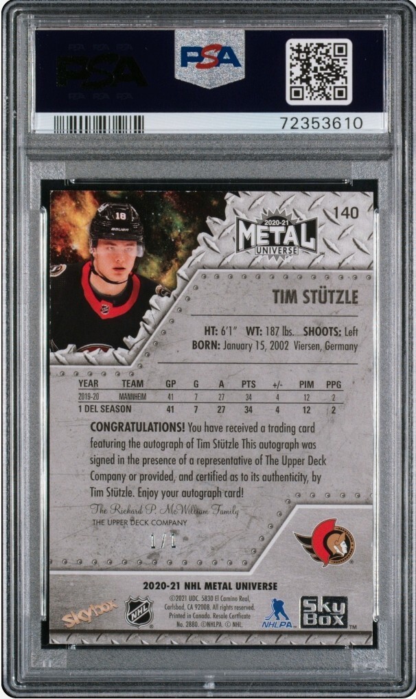 Tim Stutzle 2020-21 Skybox Metal Universe Gold 1/1 Rookie Auto RC ...