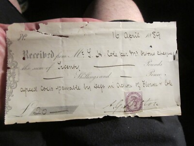 1889 PAYMENT RECEIPT WITH ONE PENNY POSTAGE & INLAND REVENUE STAMP BBA ...