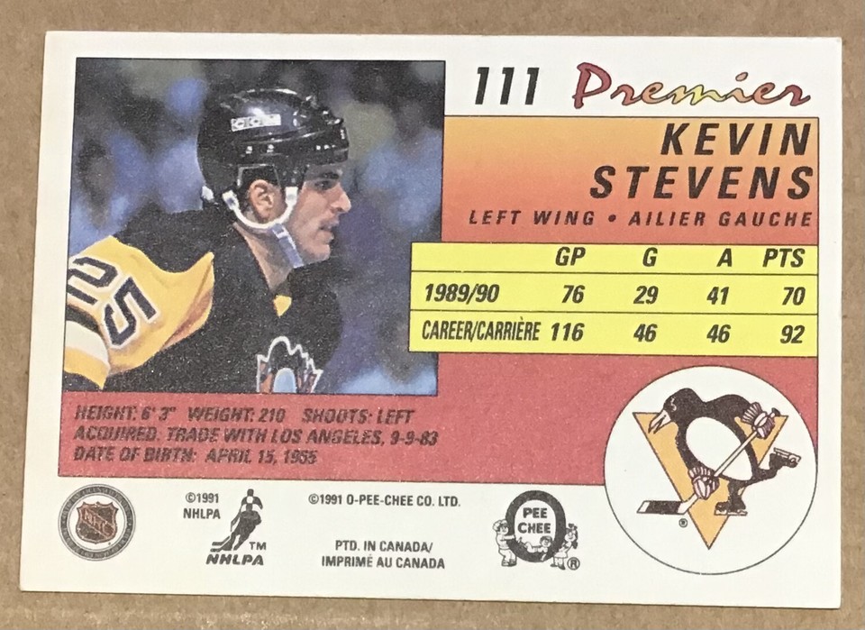 1990-91 KEVIN STEVENS O-PEE-CHEE PREMIER ROOKIE CARD #111 PITTSBURGH ...
