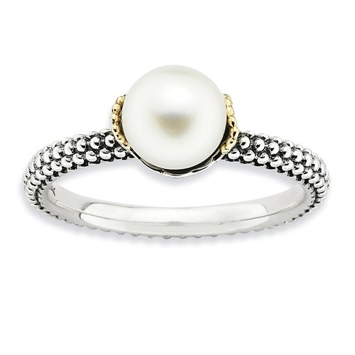 Lex & Lu Sterling Silver w/14k Gold Stack Exp. White FW Cultured Pearl ...
