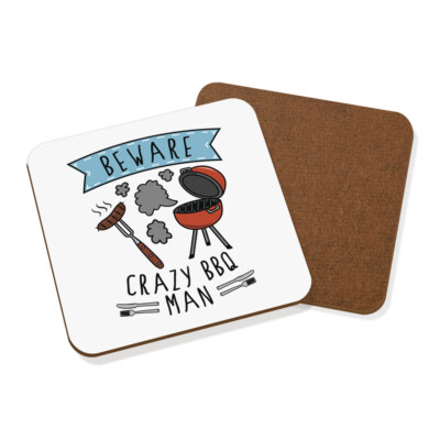 Beware Crazy BBQ Man Coaster Drinks Mat Funny Grill Chef Dad Fathers ...
