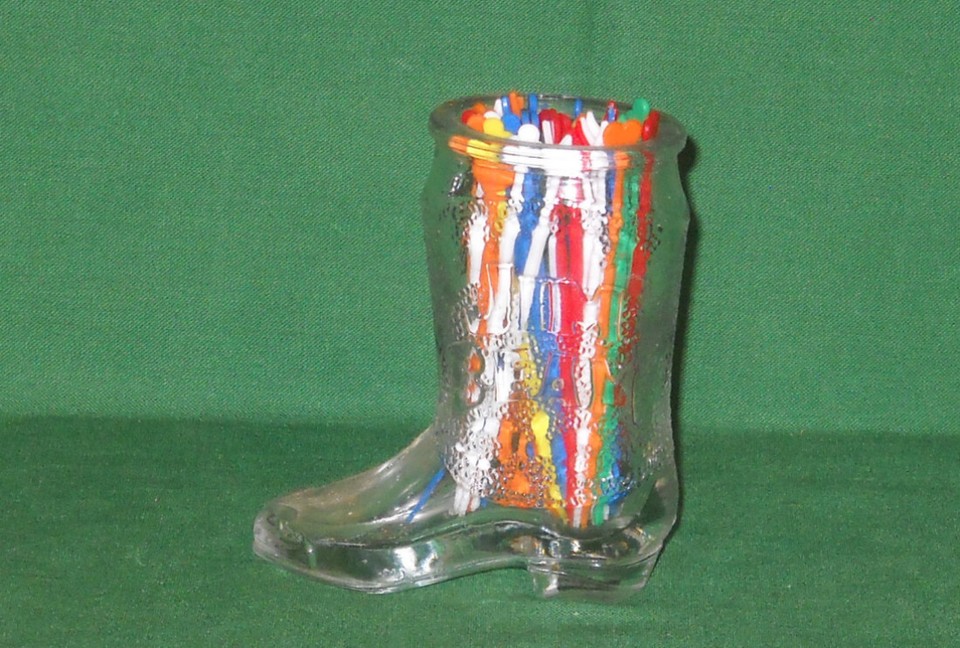 3" Jim Beam Glass Cowboy Boot Tooth Pick Holder w/ Card Suit Plastic ...