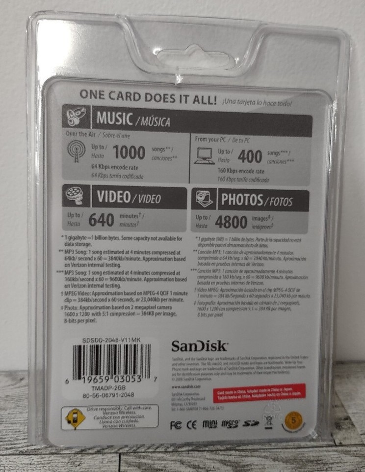 Sandisk SD Memory Card 2 GB Micro SEALED with 2 Adapters Verizon ...
