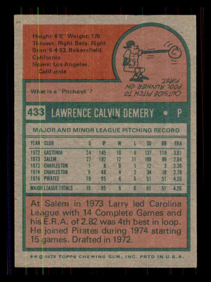 1975 Baseball Topps Larry Demery Pittsburgh Pirates #433 RC2 | eBay