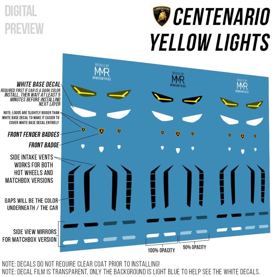1/64 LAMBORGHINI CENTENARIO Custom WaterSlide Decals Headlights for ...