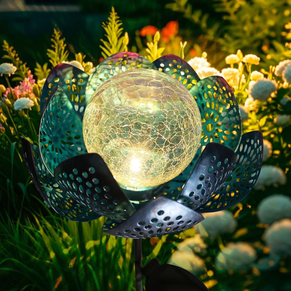 Lotus Solar Light Outdoor, Waterproof Crack Glass Globes LED Lotus ...