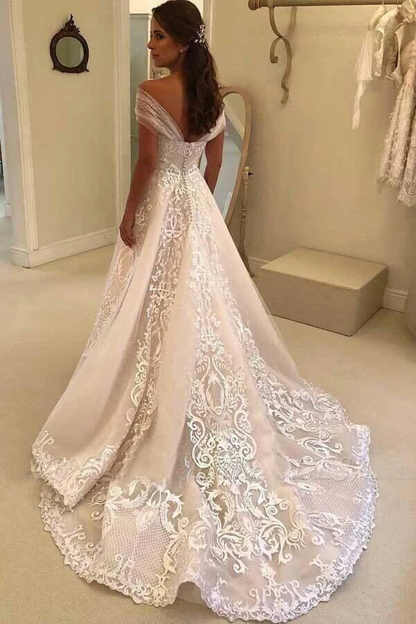 Vintage A-Line Wedding Dresses V-Neck Off Shoulder Lace Vintage A-Line Wedding Dresses V-Neck Off Shoulder Lace