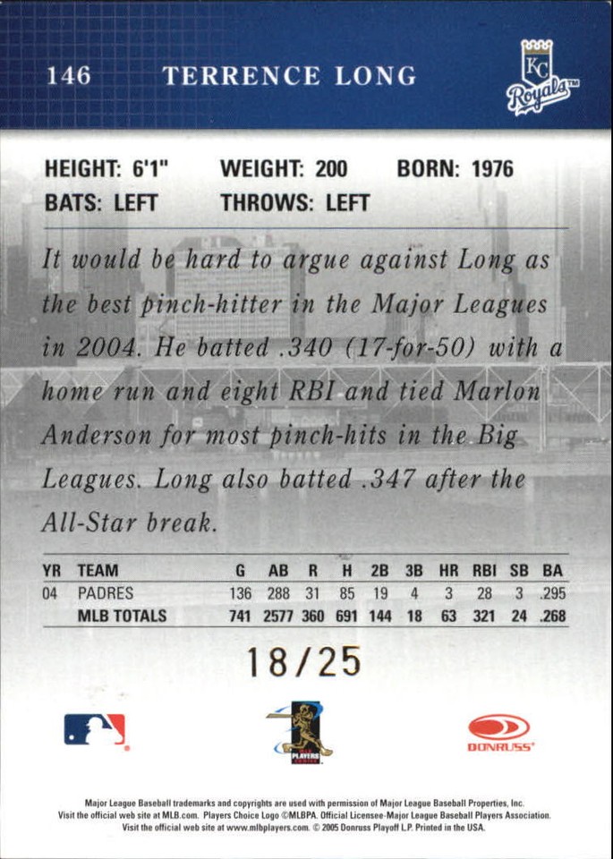 2005 Studio Proofs Gold Kansas City Royals Baseball Card #146 Terrence ...