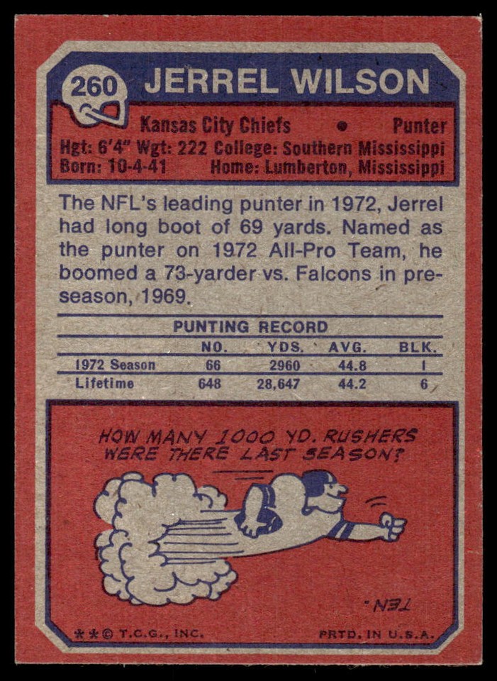 1973 Topps Jerrel Wilson #260 Kansas City Chiefs Football Card | eBay