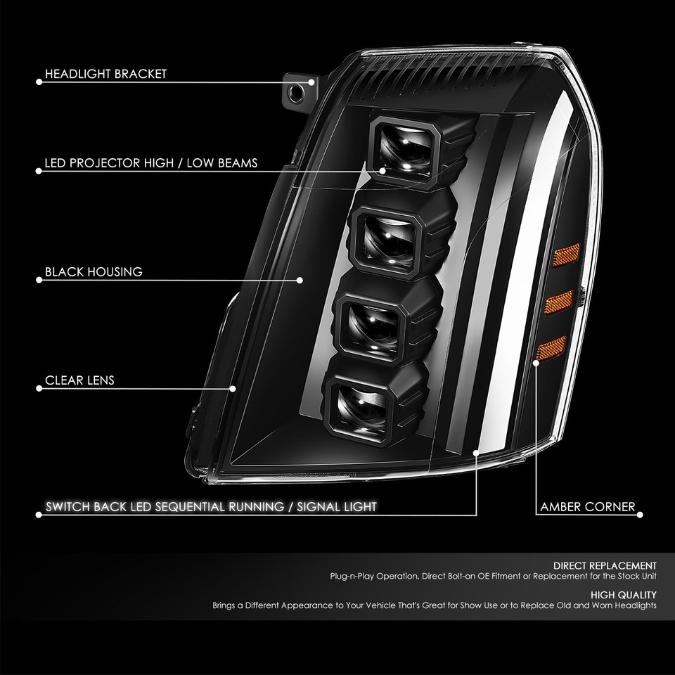 Switchback LED DRL Signal Projector Headlights for 2007-2014 Escalade ...