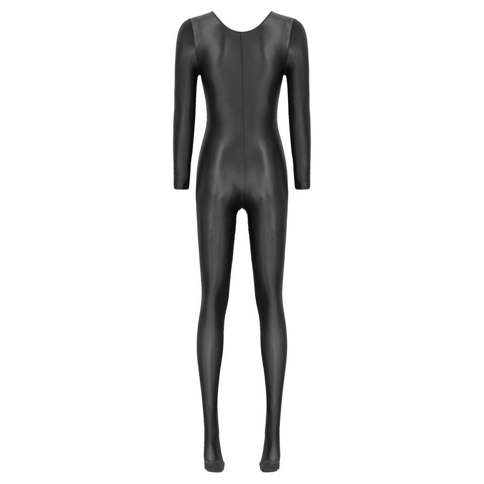 Womens Oil Glossy Full Body Bodysuit Silky Solid Color Long Sleeve ...