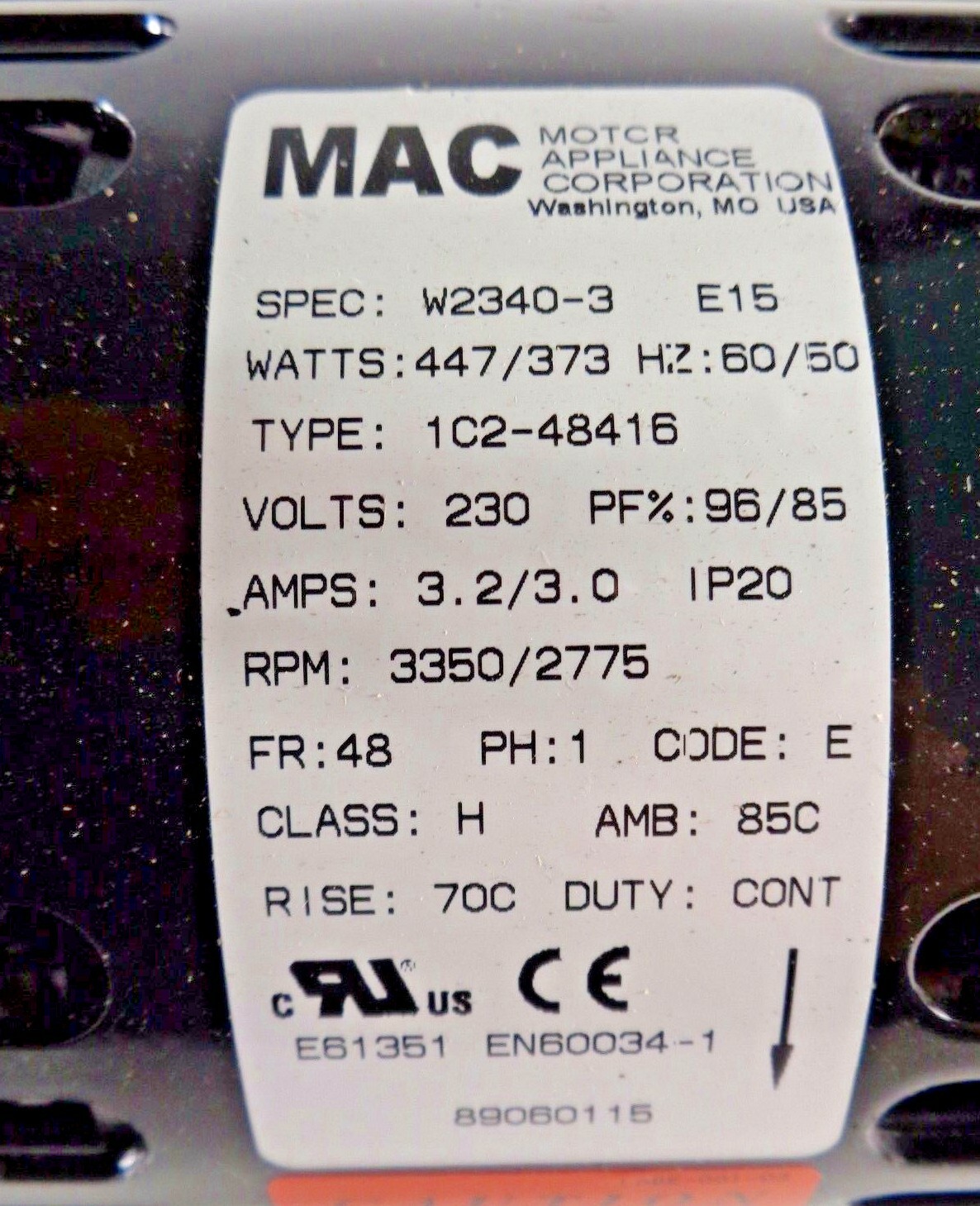 MAC Motors W2340-3 E15, Type 1C2-48416 Continuous Duty Motor "NEW" | eBay