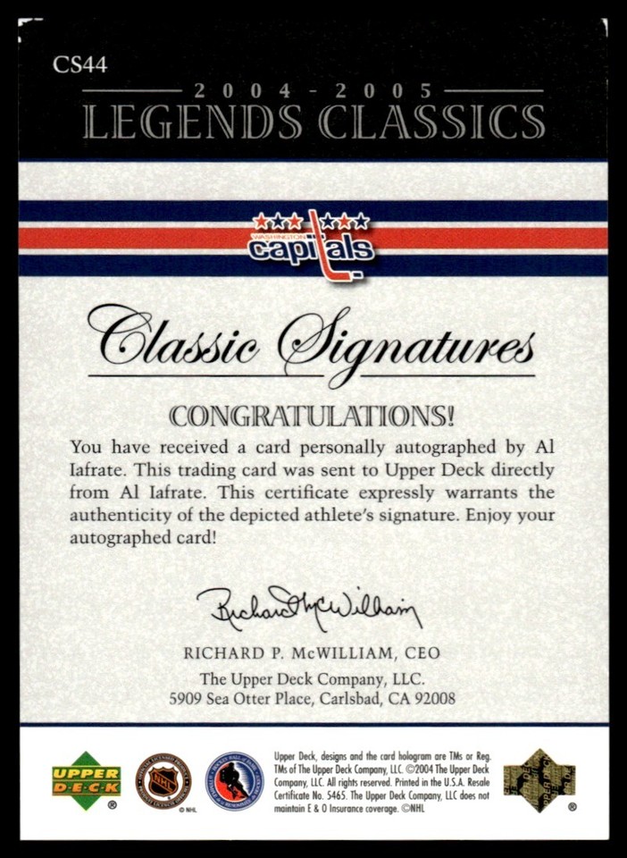 2004-05 Upper Deck Legends Classics Classic Signatures Al Iafrate Auto ...
