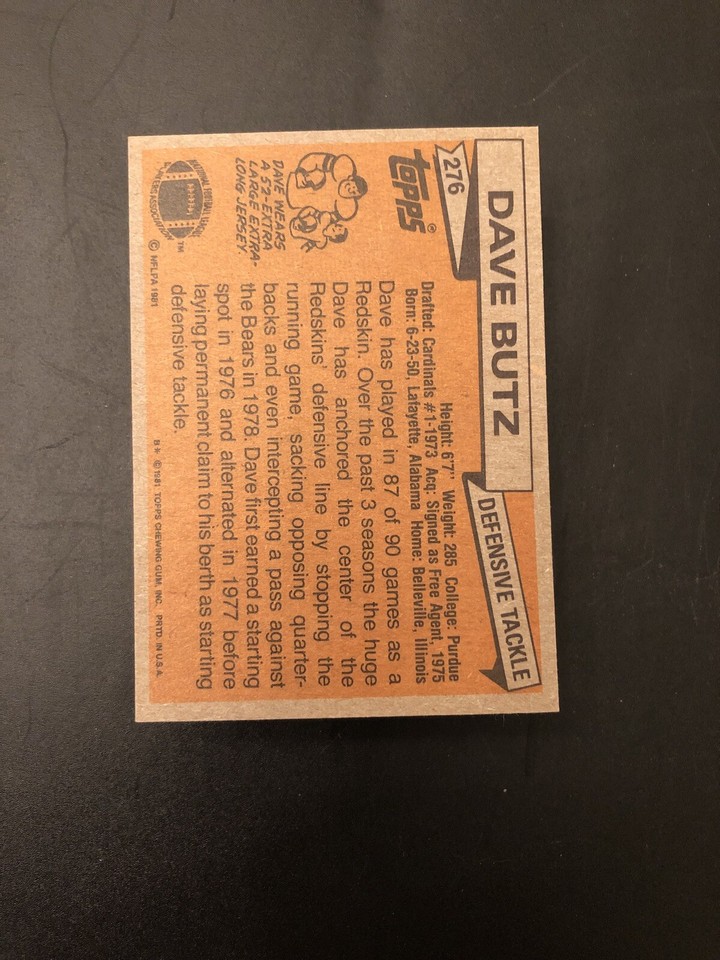 1981 TOPPS DAVE BUTZ #276 WASHINGTON REDSKINS FOOTBALL CARD | eBay
