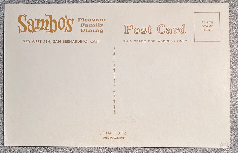 SAN BERNARDINO CA - SAMBO'S RESTAURANT 1960s Postcard Googie Style ...