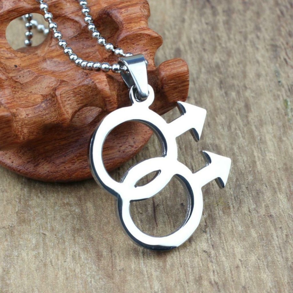 DOUBLE MALE SYMBOL NECKLACE Stainless Steel Chain Pendant LGBTQ Gay ...