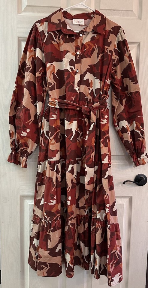 Fantastic Fawn Womens Sz M Horse Print Dress Poplin Midi Tiered ...