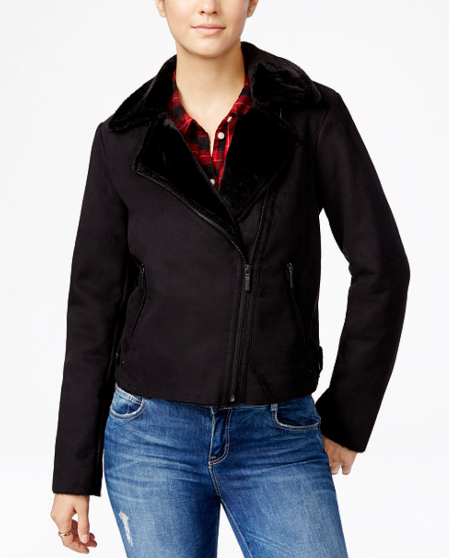 COLLECTION B Women's Juniors Black Faux Suede Fur Shearling Moto Jacket ...