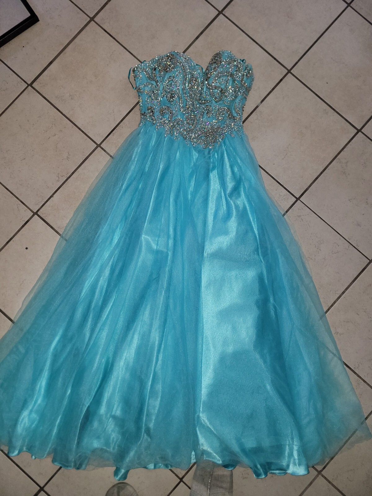 Beautiful teal prom dress with diamonds and bright st… - Gem