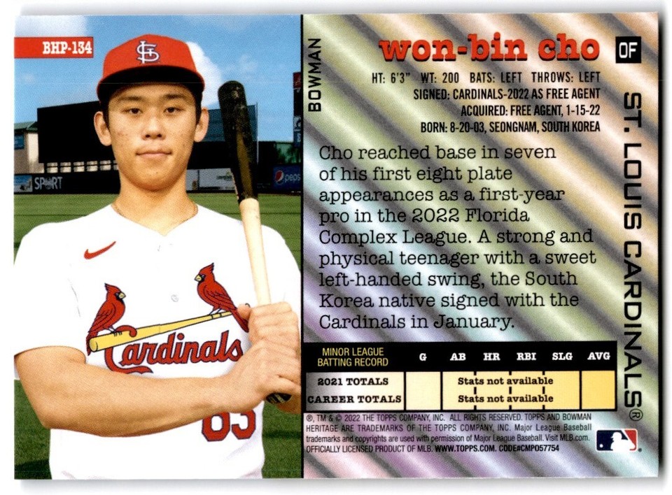 2022 Bowman Heritage Won-Bin Cho St. Louis Cardinals #BHP-134 | eBay
