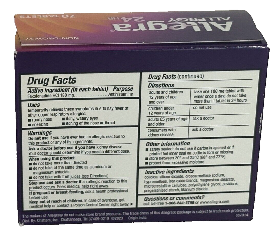 Allegra Allergy 24 Hr-180mg-Fexofenadine-70 Tablets - Exp, 02/2026 ...