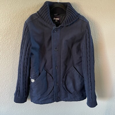 ALTAMONT Sights Jacket Mens Medium Blue Canvas Shawl Cableknit Sleeves ...