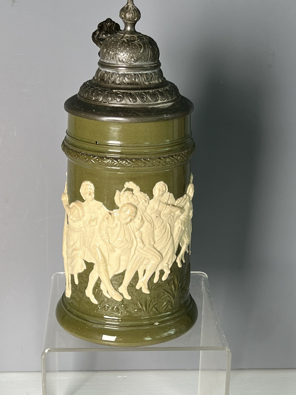 Antique German Cameo Beer Stein .5 L Green & Cream High Glaze Dancing ...