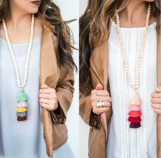 10mm Wood Beads Chain Long Necklace Boho Morandi Cotton Macrame Tassel ...