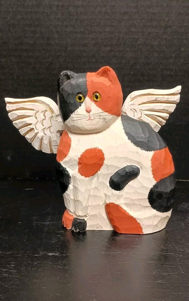 Vintage SIGNED James Haddon Calico Cat Angel Folk Art Carved Wooden ...