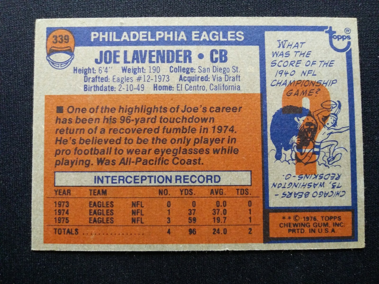 1976 Topps Football Card # 339 Joe Lavender - Philadelphia Eagles | eBay