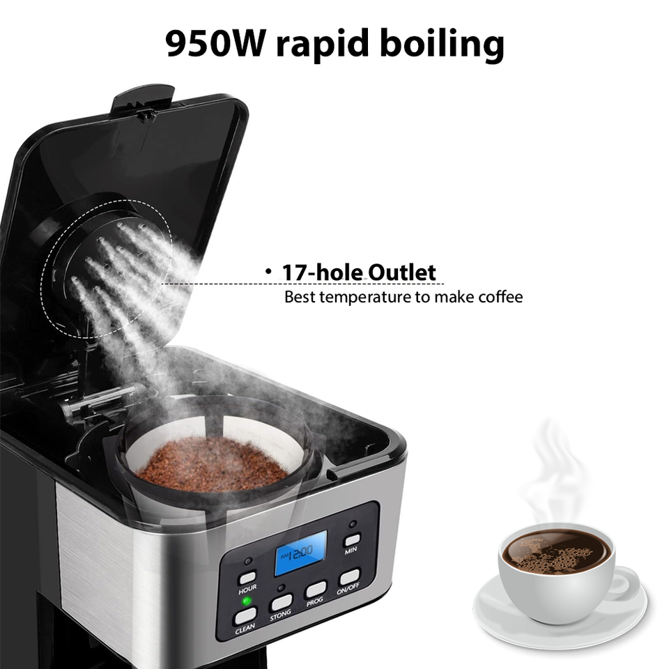 1.5L 12 Cup Jug Filter Coffee Machine Digital Brewing Grinder Timer ...
