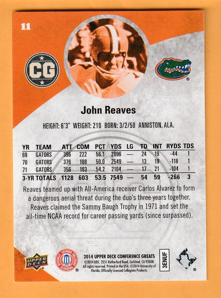 John Reaves Florida Gators 2014 Upper Deck Pewter #11 Cincinnati ...