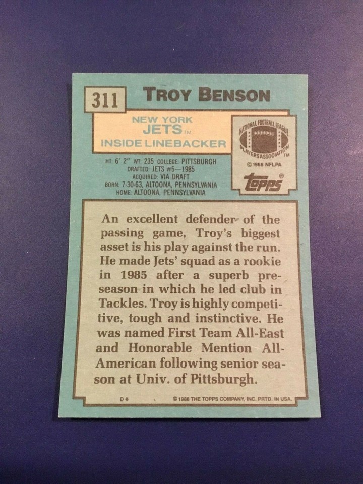 1988 Topps # 311 TROY BENSON ROOKIE RC New York Jets LAST ONE ! | eBay