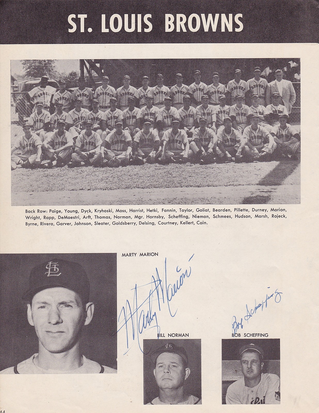 Marty Marion & Bob Scheffing signed St. Louis Browns 1952 Baseball ...