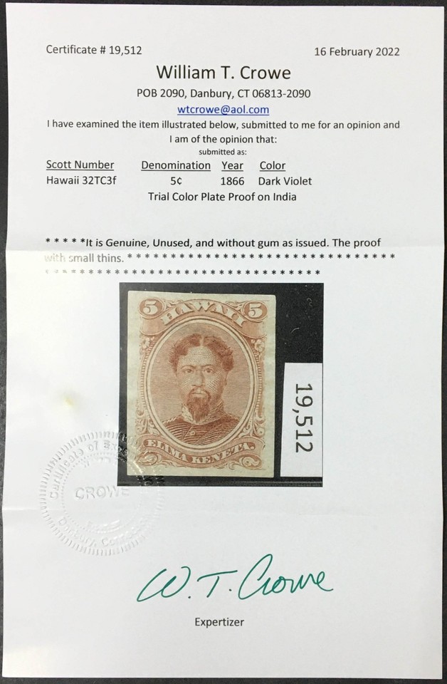 MOMEN: HAWAII US #32TC3f TRIAL COLOR PROOF DARK VIOLET CROWE CERT LOT ...