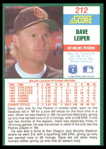 1990 Score #212 Dave Leiper San Diego Padres Baseball Card | eBay