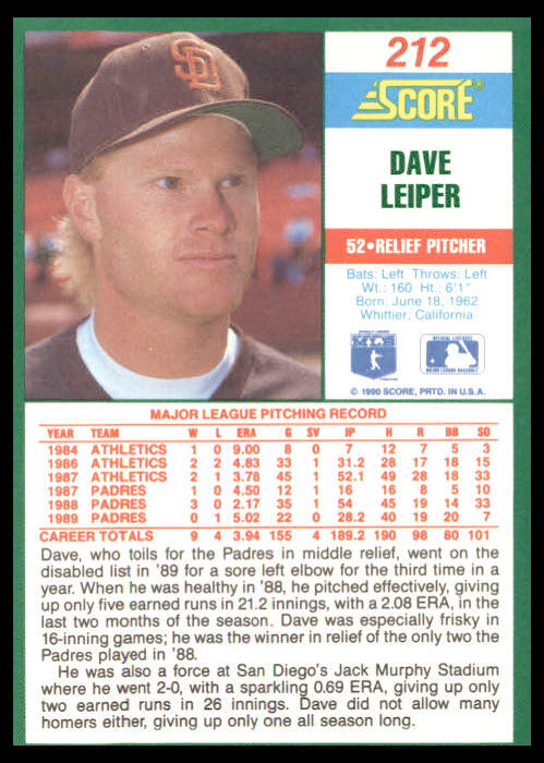 1990 Score #212 Dave Leiper San Diego Padres Baseball Card | eBay