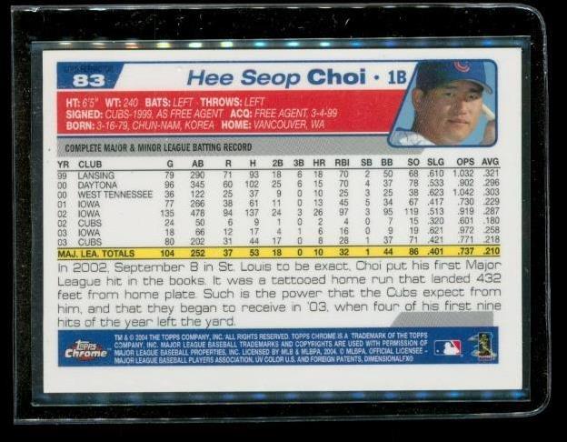 2004 TOPPS CHROME Gold Refractor Baseball Card #83 HEE SEOP CHOI ...