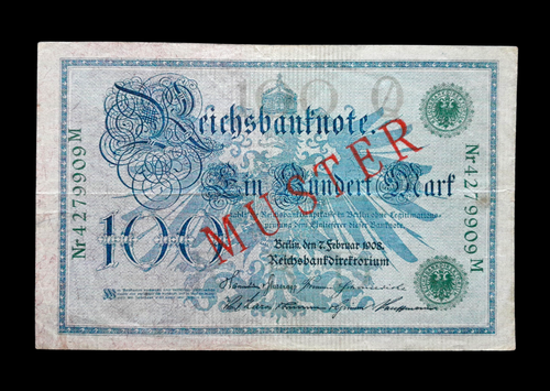 Reichsbanknote 100 Mark-1908 -Ro.34 -Q/M grüner Siegel mit "MUSTER"- XF ...