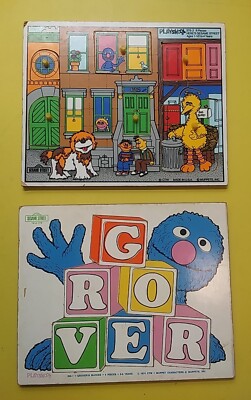 2 Vintage Playskool wood Grover & Sesame Street Wood Puzzles | eBay