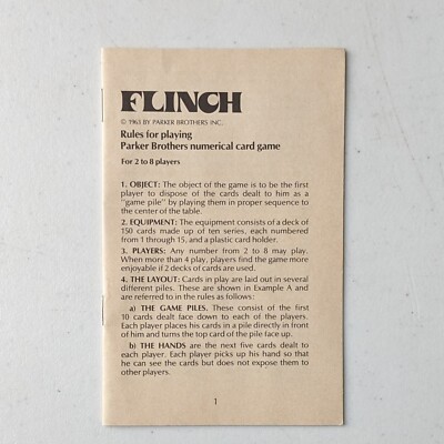 1976 Parker Brothers Flinch The Famous Card Game Rules Instruction ...