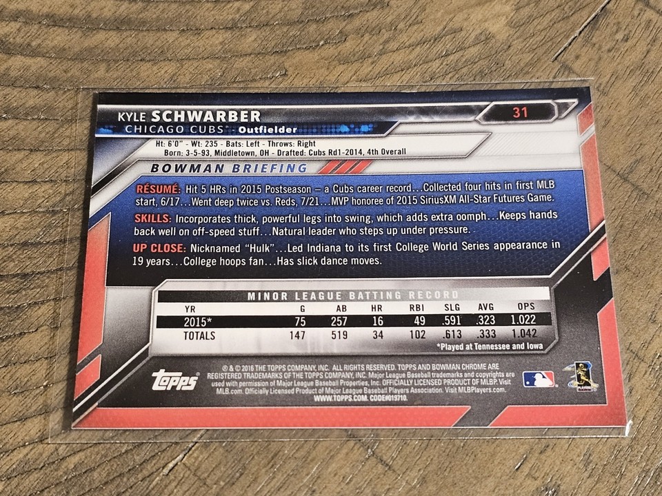 2016 Bowman Chrome #31 Kyle Schwarber RC Chicago Cubs Nmmt | eBay