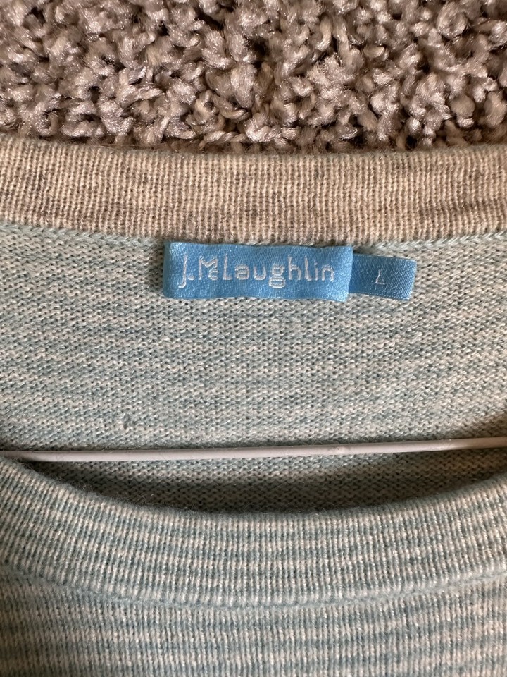 J. McLaughlin 100% Cashmere Sweater Size L Aqua White Striped Relaxed ...