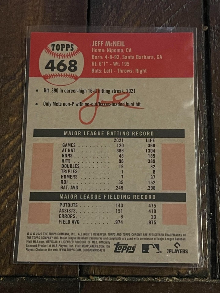 Jeff McNeil 2022 Topps Chrome Platinum Anniversary New York Mets #468 | eBay