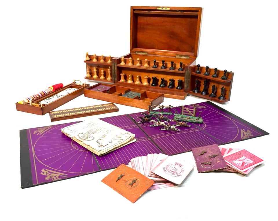 Antique 19th Century Victorian Games Compendium Box / Wooden Cabinet c ...