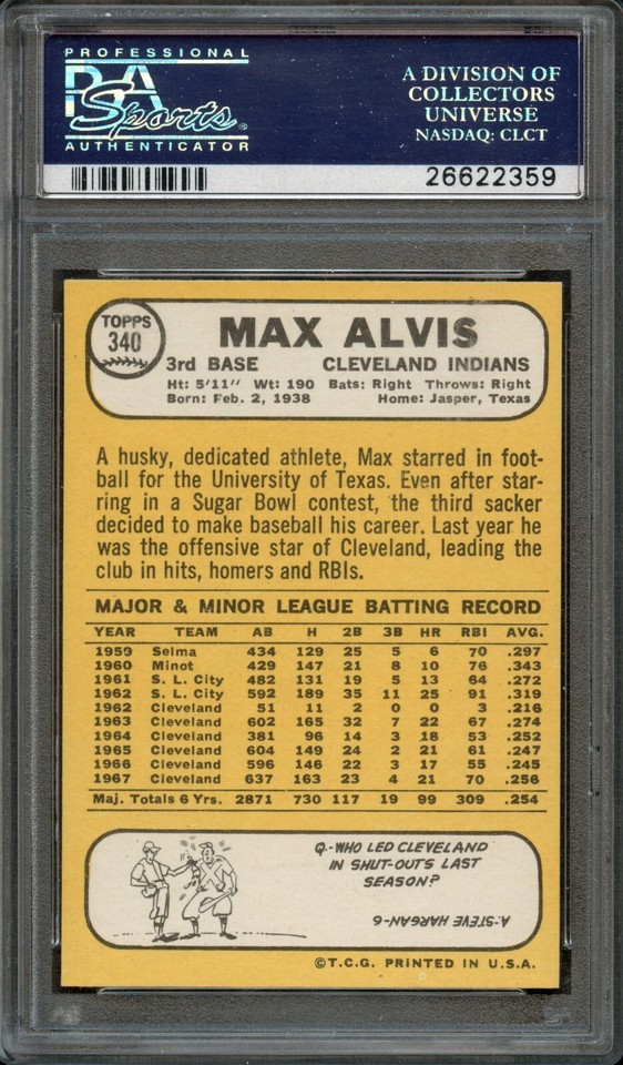 BB - 1968 Topps - #340 - Max Alvis - PSA 9 - MINT | eBay