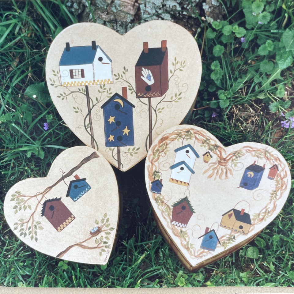 Paper Mache Birdhouse Boxes Heart Shaped Folk Art from the Heart Susan ...